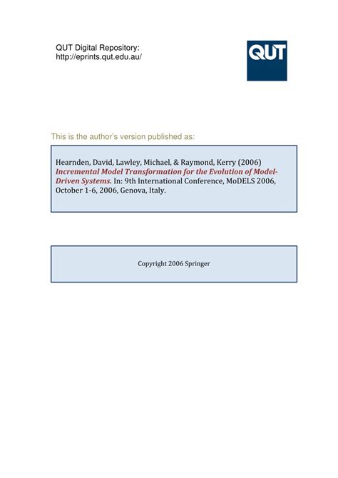 Pdf Incremental Model Transformation For The Evolution Of Model Driven Systems