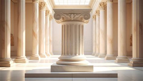 Grand Classical Hall With Prominent Ionic Column And Sunlight Stock