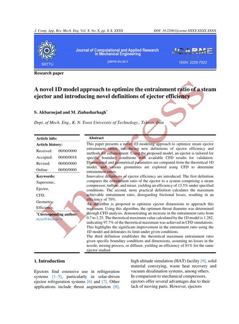 Pdf A Novel 1d Model Approach To Optimize The Entrainment Ratio Of A Steam Ejector And