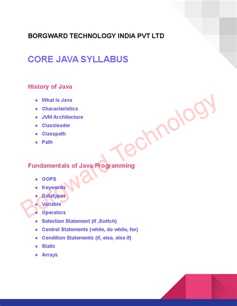 Core Java Syllabus Core Jaba Syllunus Borgward Technology India Pvt