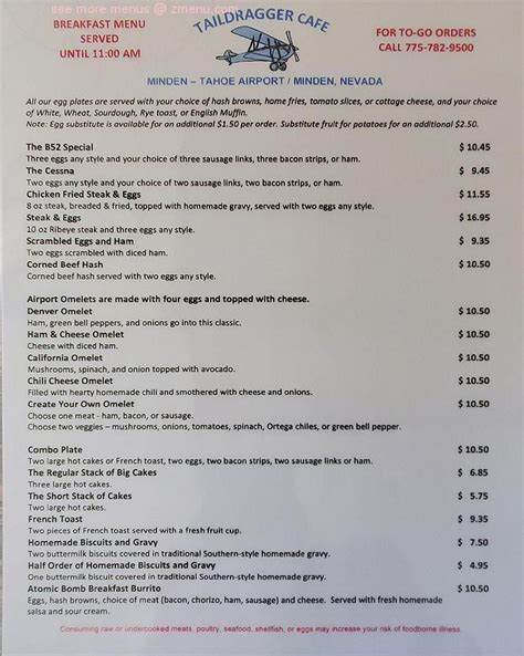 Online Menu Of Taildragger Cafe Restaurant Minden Nevada 89423 Zmenu