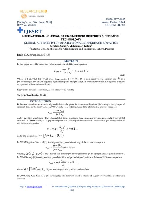 Pdf Global Attractivity Of A Rational Difference Equation