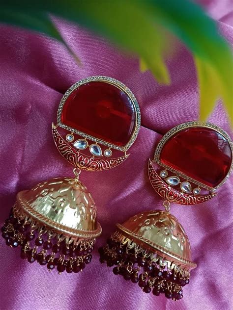 Brass Red Artificial Jhumka Earrings For Women And Girl Large At