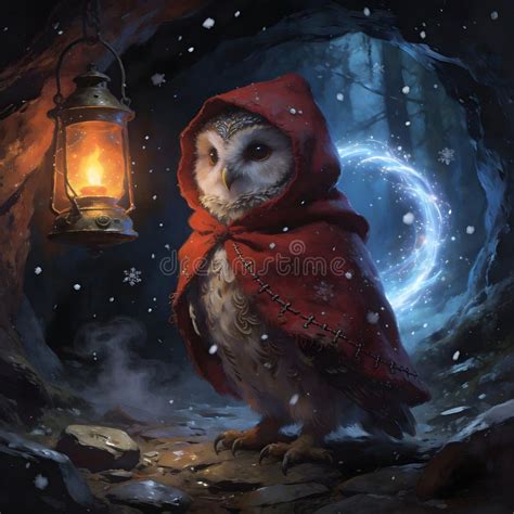 Owl With Lantern In Magical Forest Setting Stock Illustration