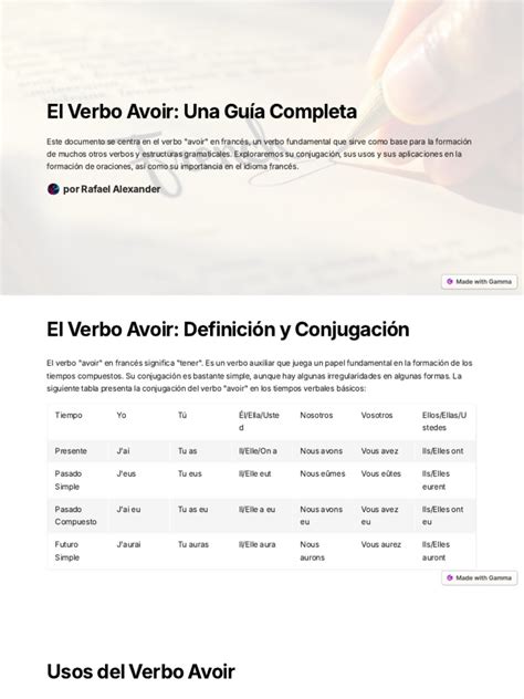 Conjugación Y Uso Del Verbo Avoir Pdf Verbo Conjugación Gramatical