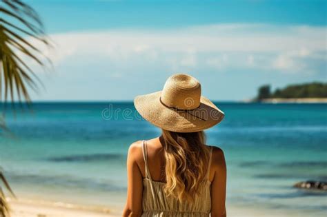 Back View Young Happiness Traveller Woman Standing On Beautiful Sandy