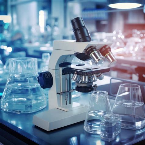 A Microscope With Lab Glassware In Modern Medical Laboratory