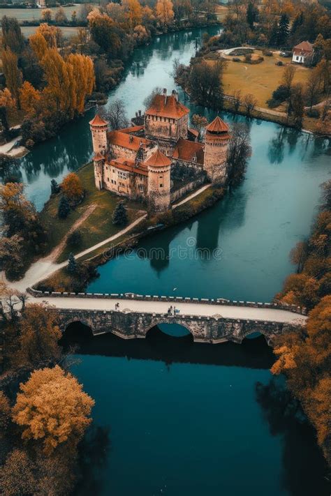 Aerial View Of Castle By Tranquil River In Realistic Style Stock