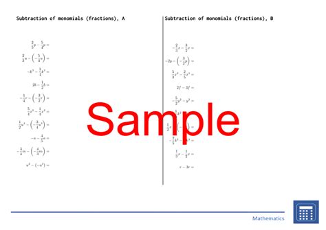 Subtraction Of Monomials Fractions Printable Worksheet Teaching Subtraction Of Monomials Fractions Printable Worksheet Teaching