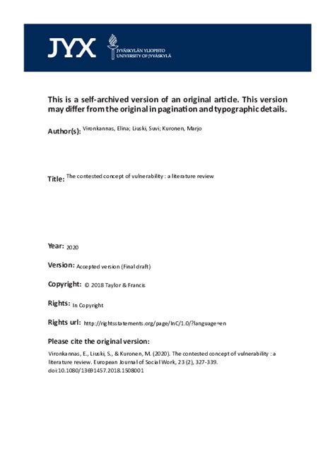 Pdf The Contested Concept Of Vulnerability A Literature Review