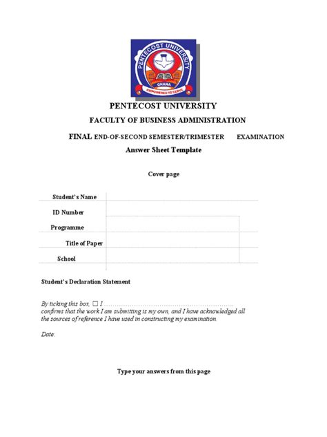 Pentecost University Exam Answer Sheet Template Pdf