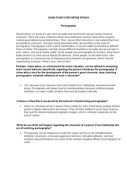 04 Seatwork 1 List Of Assignment CASE STUDY FOR VIRTUE ETHICS Pornography Sexual Ethics Is A