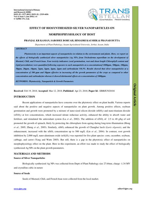 Pdf Effect Of Biosynthesized Silver Nanoparticles On Morphophysiology
