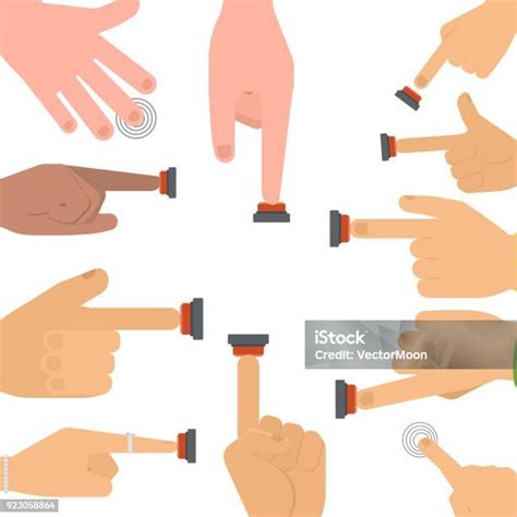 핸드 프레스 빨간 버튼 벡터 손가락 컨트롤 팔 푸시 포인터 커서 대상 제스처 인터넷 인체 부분 그림을 시작 가리키기에 대한 스톡 벡터 아트 및 기타 이미지 Istock