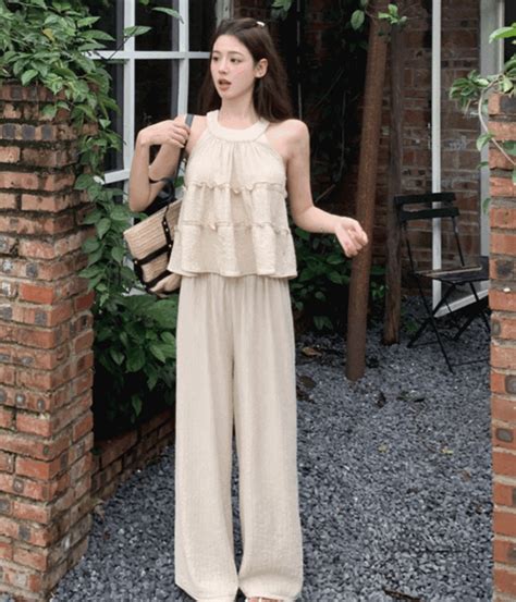 당일출고🩷모베 ️민소매블라우스롱팬츠set홀터넥 민소매 블라우스 와이드 롱 팬츠 플리츠 투피스 세트 4color 에이블리