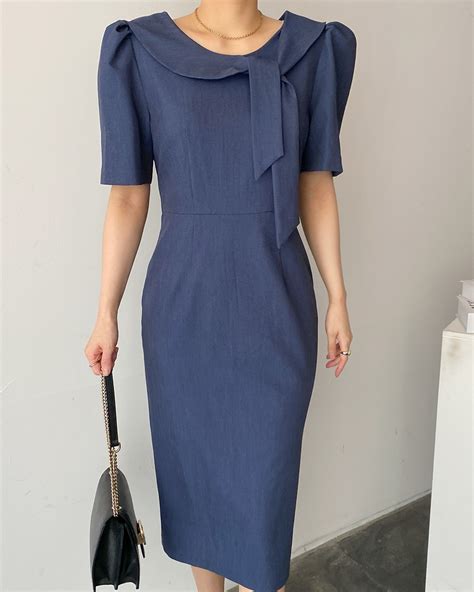 아임쏘 여름 카라 리본 타이 H라인 퍼프 롱 하객 원피스