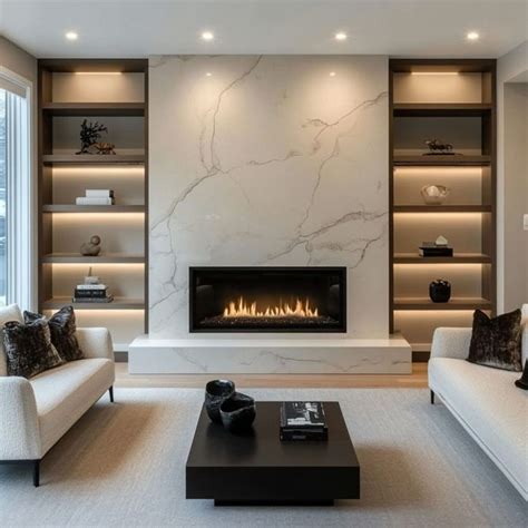 Modern Quartz Fireplace Wall With Built In Shelving For Stylish Living