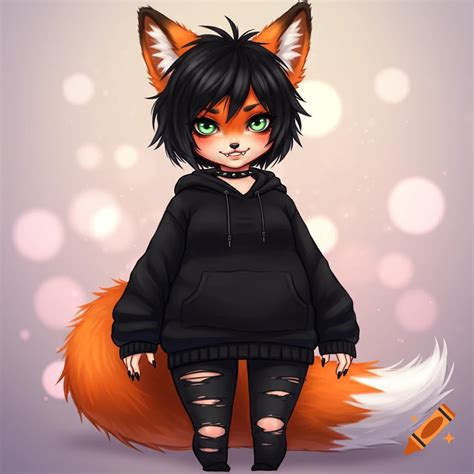 Chibi Anime Fox Girl With Green Eyes Black Short Hair Wearing A Black