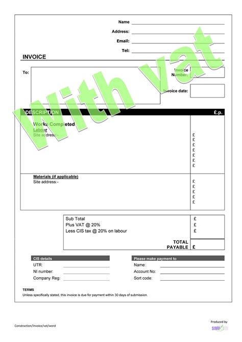 Pdf Cis Invoice Template With Vat Download Etsy Uk