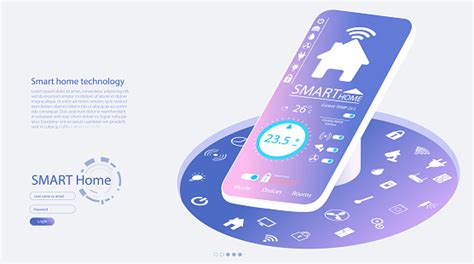 스마트 홈 제어 스마트폰입니다 인터넷 홈 오토 메이 션 시스템의 것 들을 기술 합니다 작은 집 서 화면 휴대 전화 및 무선 연결 아이콘 가전 장치에 Iot 사물 인터넷에