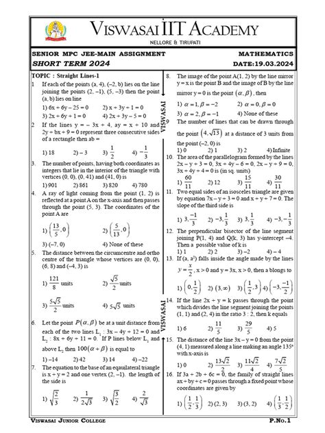 Maths Assignments Straight Lines 1 Pdf Geometry Elementary Geometry