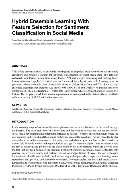 Pdf Hybrid Ensemble Learning With Feature Selection For Sentiment Classification In Social Media