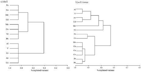 horizontal hierarchical tree plot of the metals analyzed in a shell