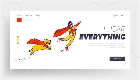 방문 페이지 템플릿을 비행 해피 소년과 개 슈퍼 히어로 캐릭터 빨간 망토와 안경을 입은 아이 슈퍼 히어로가 승리할 준비를 마쳤습니다 행복한 미소 아이 성공 우승자 리더십