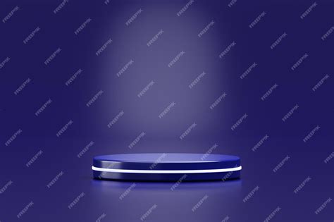 네온 전구 받침대가 있는 파란색 실린더 연단 제품 디스플레이 배경 3d 그림 제품 배치를 위한 빈 디스플레이 쇼룸 프레젠테이션 무료 사진