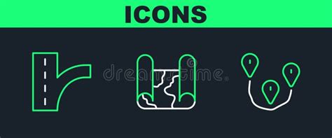 Set Line Route Location Road Traffic Sign And Folded Map Icon Vector Stock Vector
