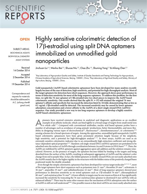Pdf Highly Sensitive Colorimetric Detection Of 17β Estradiol Using Split Dna Aptamers