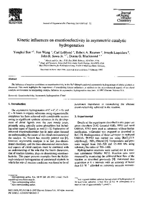 Pdf Kinetic Influences On Enantioselectivity In Asymmetric Catalytic Hydrogenation 1