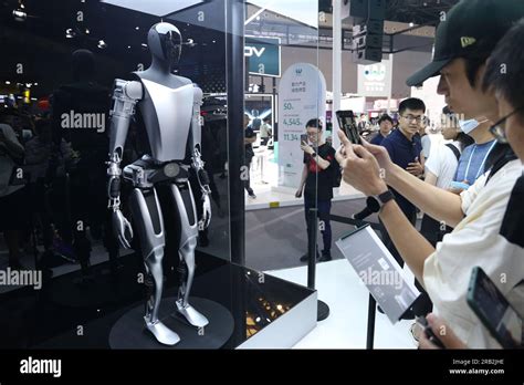 Shanghai China July 6 2023 Visitors View The Tesla Bot Humanoid