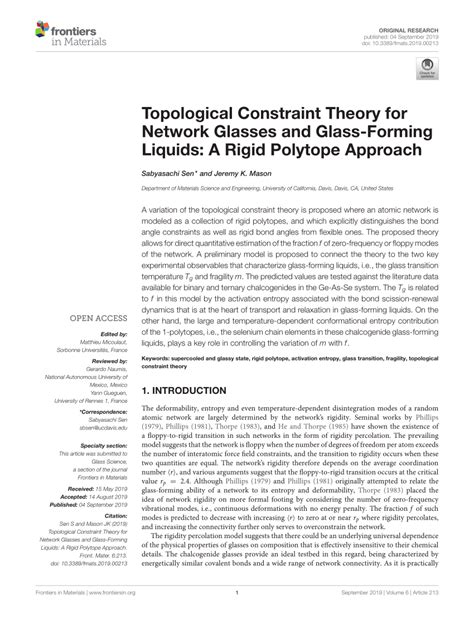 Pdf Topological Constraint Theory For Network Glasses And Glass Forming Liquids A Rigid