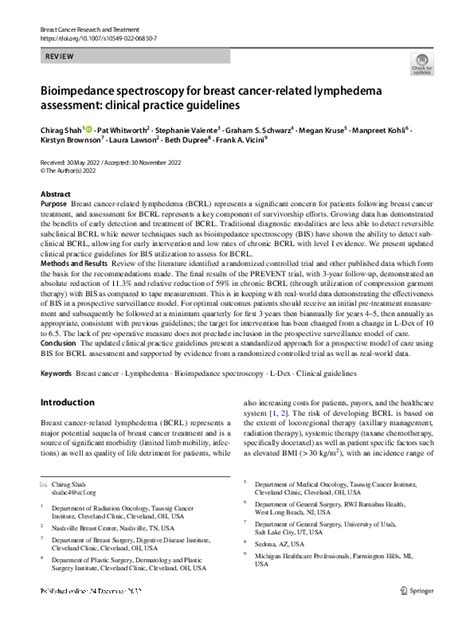 Pdf Bioimpedance Spectroscopy For Breast Cancer Related Lymphedema