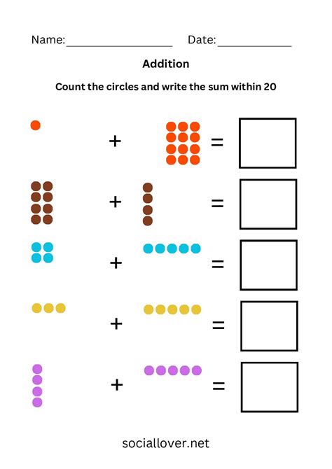 Fill In The Missing Numbers Sum Within 20 Addition Worksheet