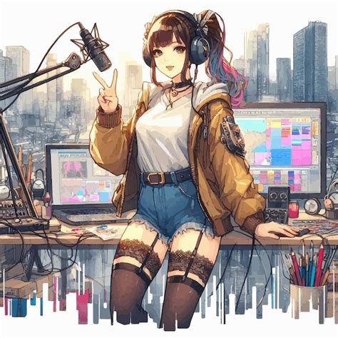 Premium Vector Sexy Anime Lady Content Creator Streaming Live Digital