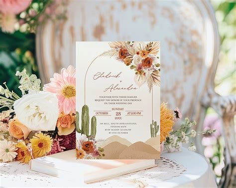 Boho Desert Wedding Invitation Template Bohemian Cactus Wedding Invite
