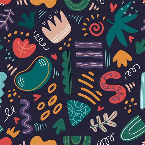 Abstract Seamless Pattern Cartoon Style Hand Drawn Irregular Shapes With Dots Stripes And