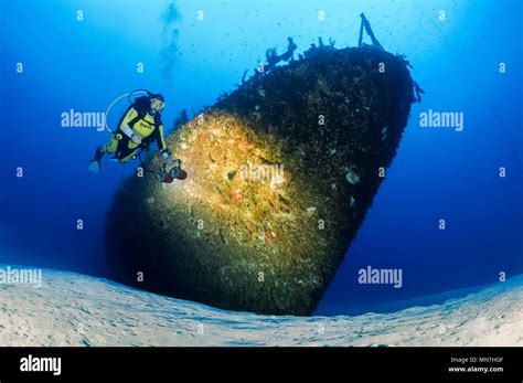 Woman Scuba Diver Exploring Shipwreck P29 A Maltese Patrol Boat