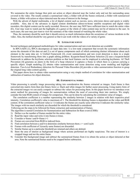 Video Summarization Correlation For Summarization And Subtraction For Rare Event Pdf