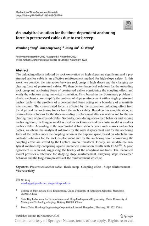 An Analytical Solution For The Time Dependent Anchoring Force In Prestressed Cables Due To Rock