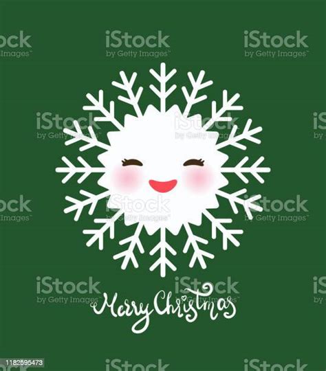 메리 크리스마스 카드 디자인 가와이이 눈송이 는 어두운 녹색 배경에 눈과 분홍색 뺨흰색 재미있는 얼굴을 설정합니다 벡터 12월에 대한 스톡 벡터 아트 및 기타 이미지
