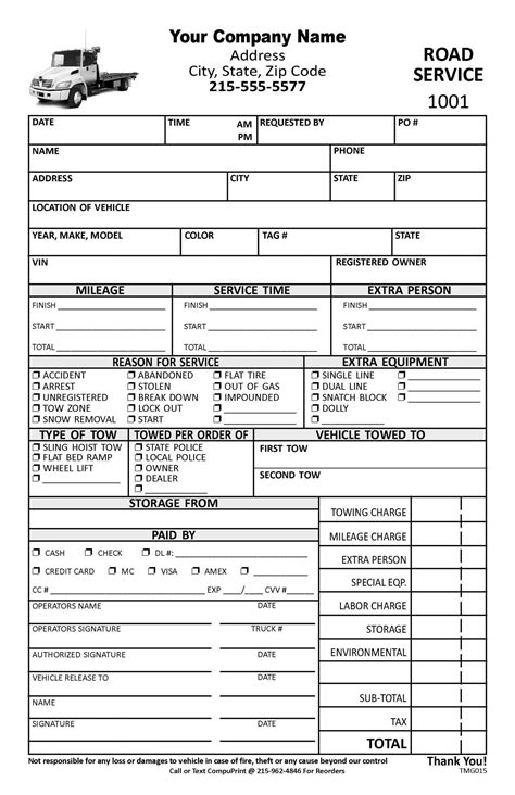 Custom Towing Road Service Forms Tmg015 Compuprint Usa