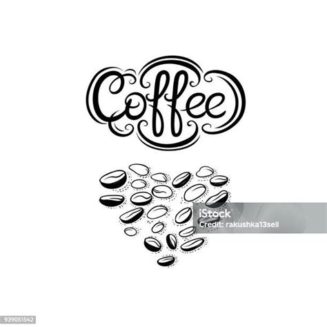 커피 원두와 레터링 비문의 심장입니다 사랑 커피 음료 카페 커피숍 또는 메뉴에 대 한 심볼 흰색 바탕에 검은색과 흰색 벡터 일러스트 0명에 대한 스톡 벡터 아트 및 기타