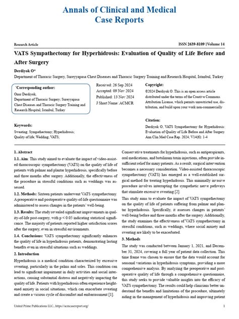 Vats Sympathectomy For Hyperhidrosis Evaluation Of Quality Of Life Before And After Surgery