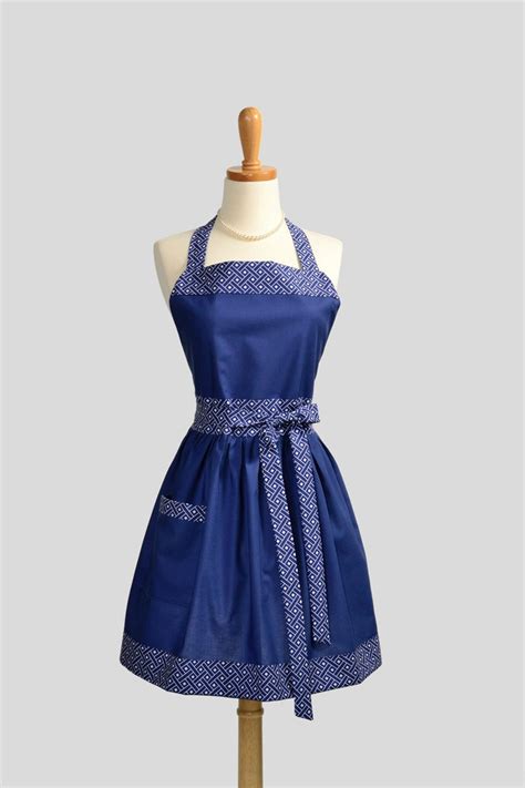 Womens Bib Full Apron Handmade Hostess Womens Apron Nautical Navy