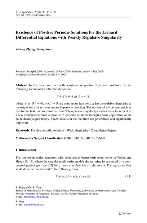 Pdf Existence Of Positive Periodic Solutions For The Liénard Differential Equations With