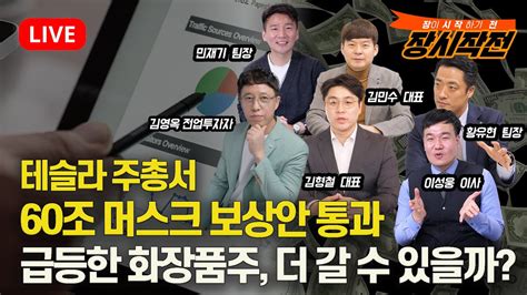 6월14일 장시작전 테슬라 주주총회서 66조 머스크성과 보상안 가결 급등한 화장품주 더 갈 수 있을까 김형철김민수데이짱김영옥황유현민재기이성웅