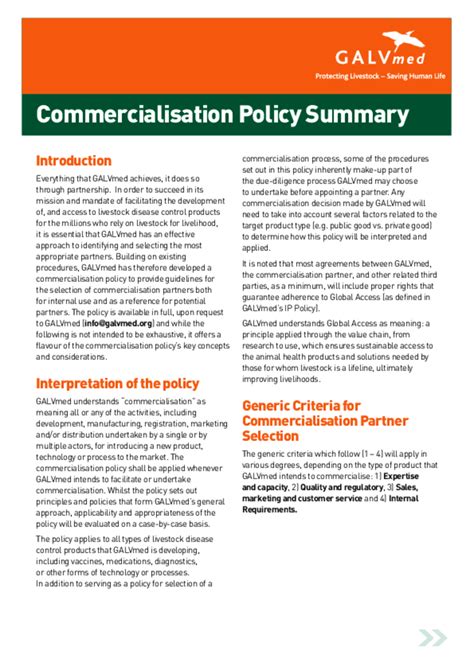Commercialisation Policy Summary Galvdox Document Repository